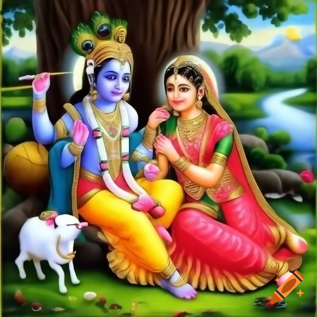 Lord krishna and radha under tree in calm, loving environment with ...