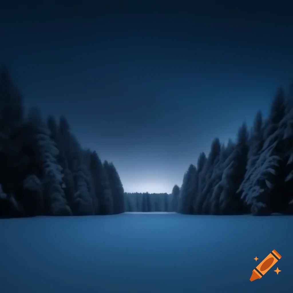 Serene snow-covered field at night with illuminated pine trees and ...