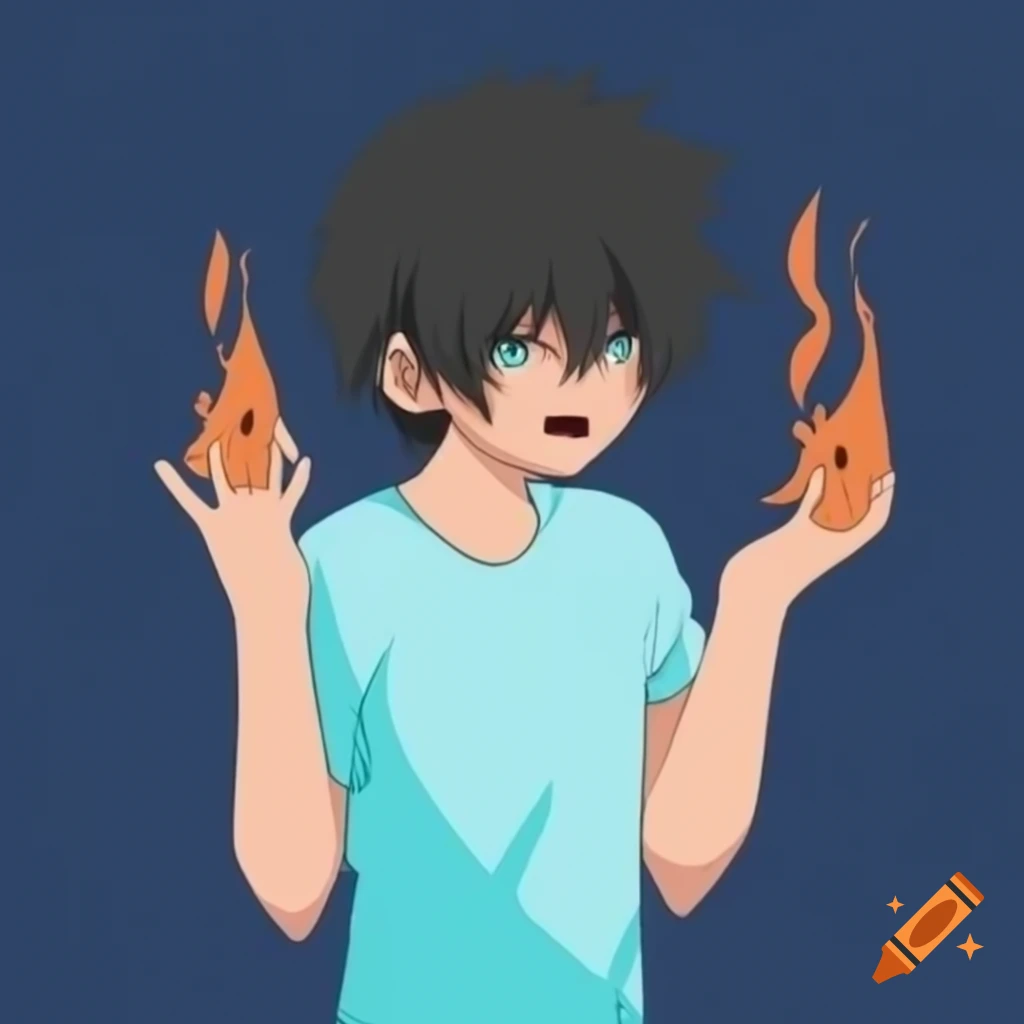 Anime boy with messy black hair, wearing cyan t-shirt, showcasing ...