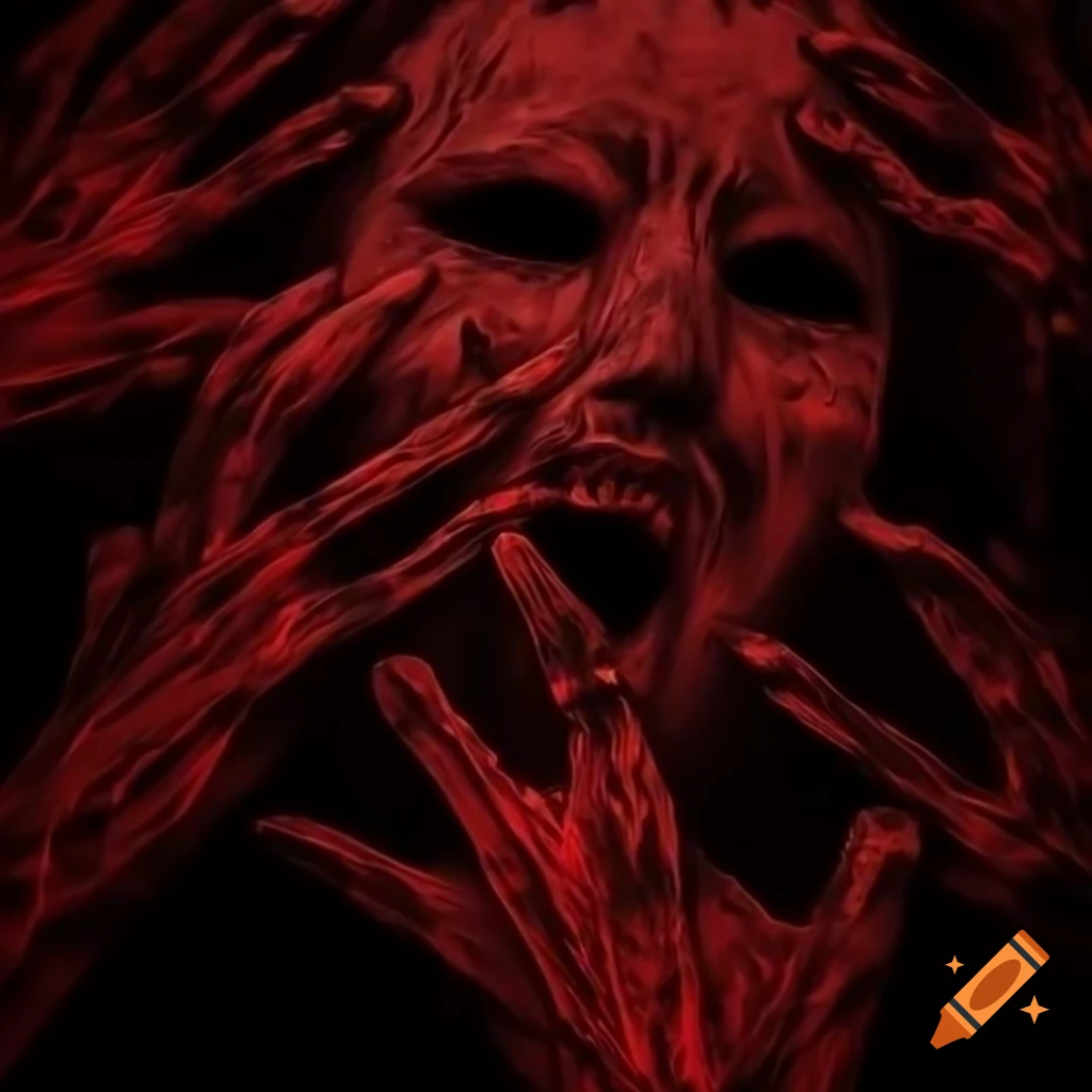 Intricate black, red, and white depiction of a tormented ghost ...