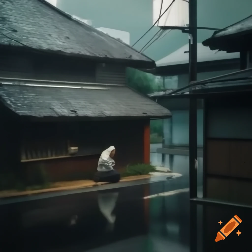 Rain on thatched roof with figure enjoying coffee and cigarette, ukiyo ...