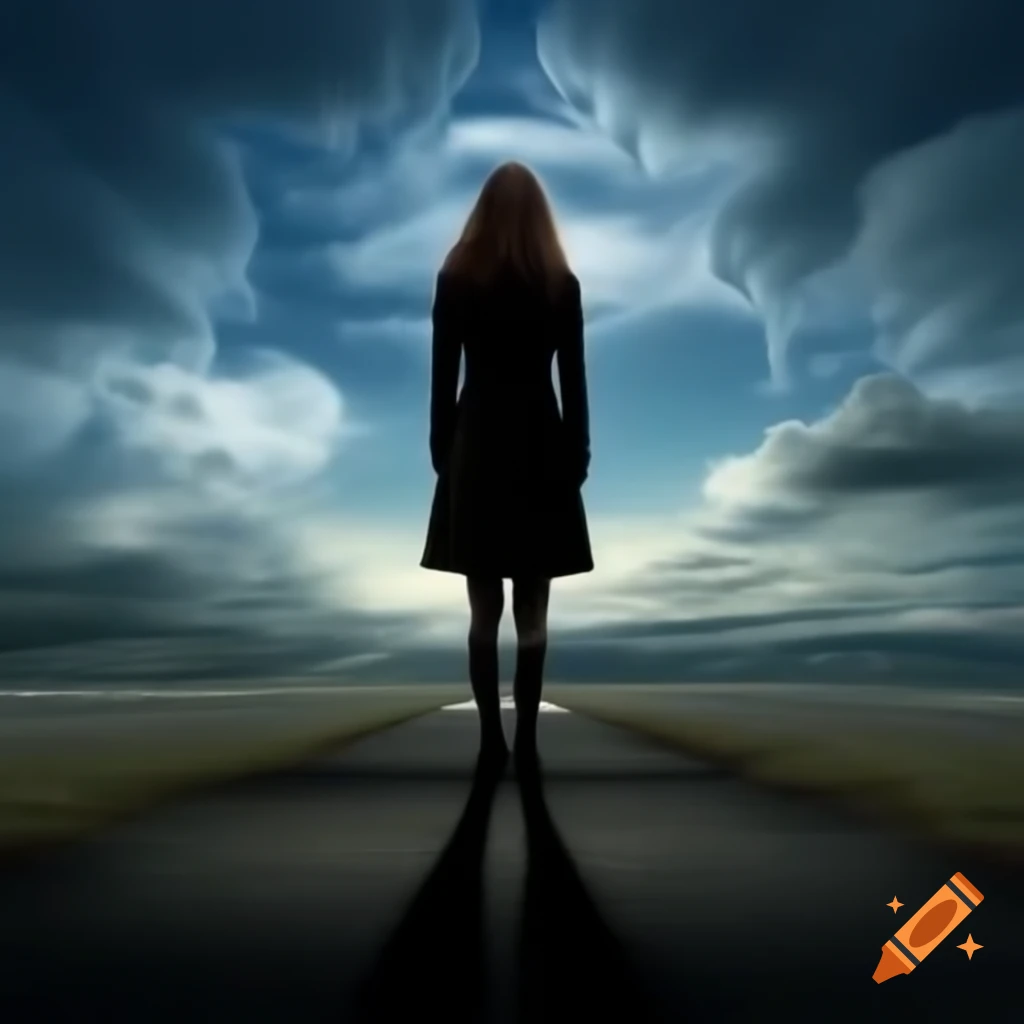 Woman at crossroads looking scared with ominous shadow behind on Craiyon