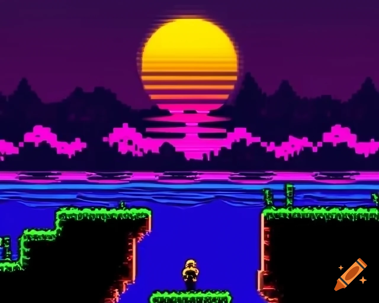 Pixelated landscape at retro sunset with hero in synth-wave backdrop on ...
