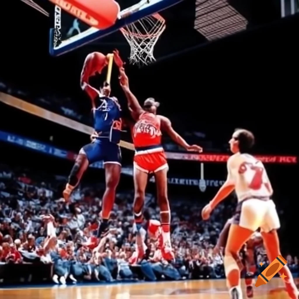 Basketball player performing a slam dunk over another player on Craiyon