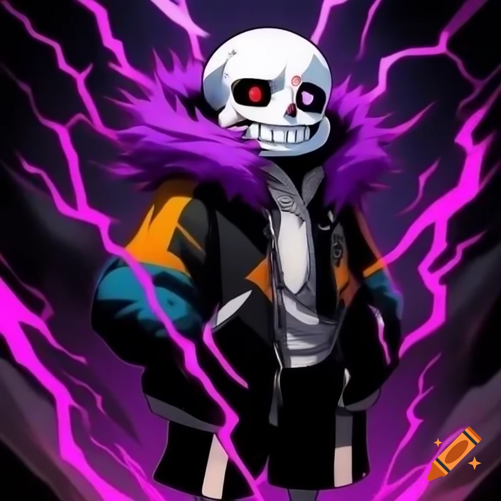 Sans from Undertale in a black jacket with purple fur hood and purple ...