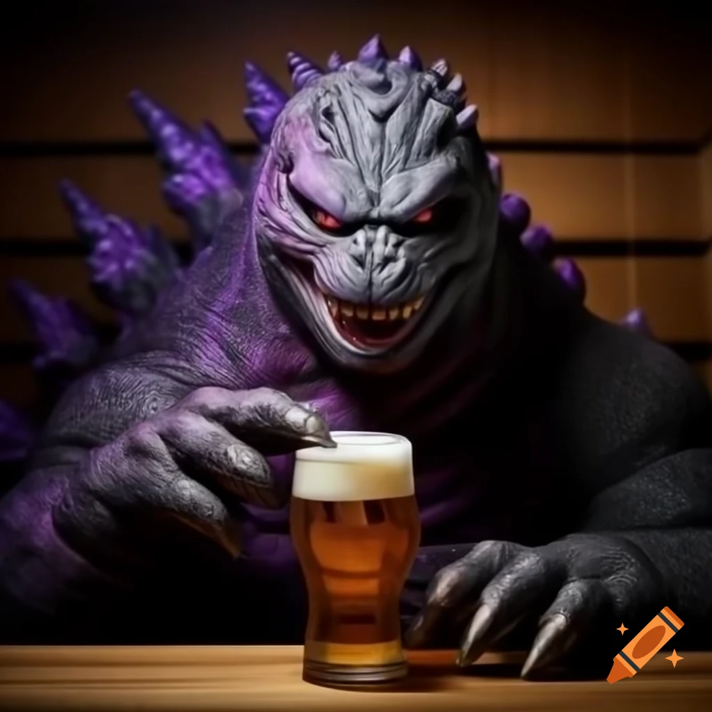 Purple Godzilla relaxing with a beer in a dark sauna on Craiyon