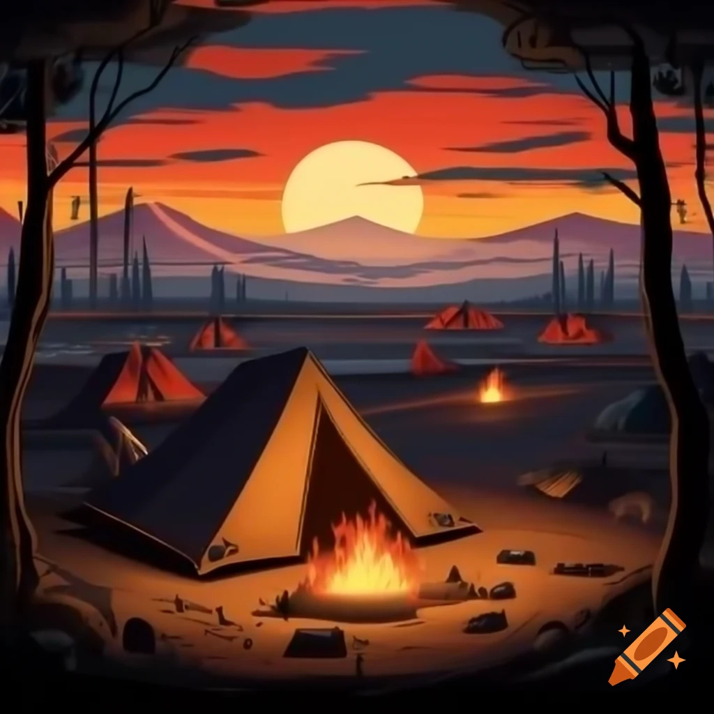 Empty military camp with lit campfires during sunset on Craiyon