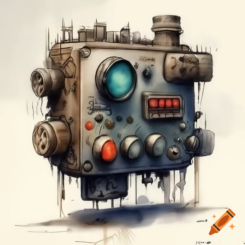 Post-apocalyptic handheld analog tech with detailed switches and ...
