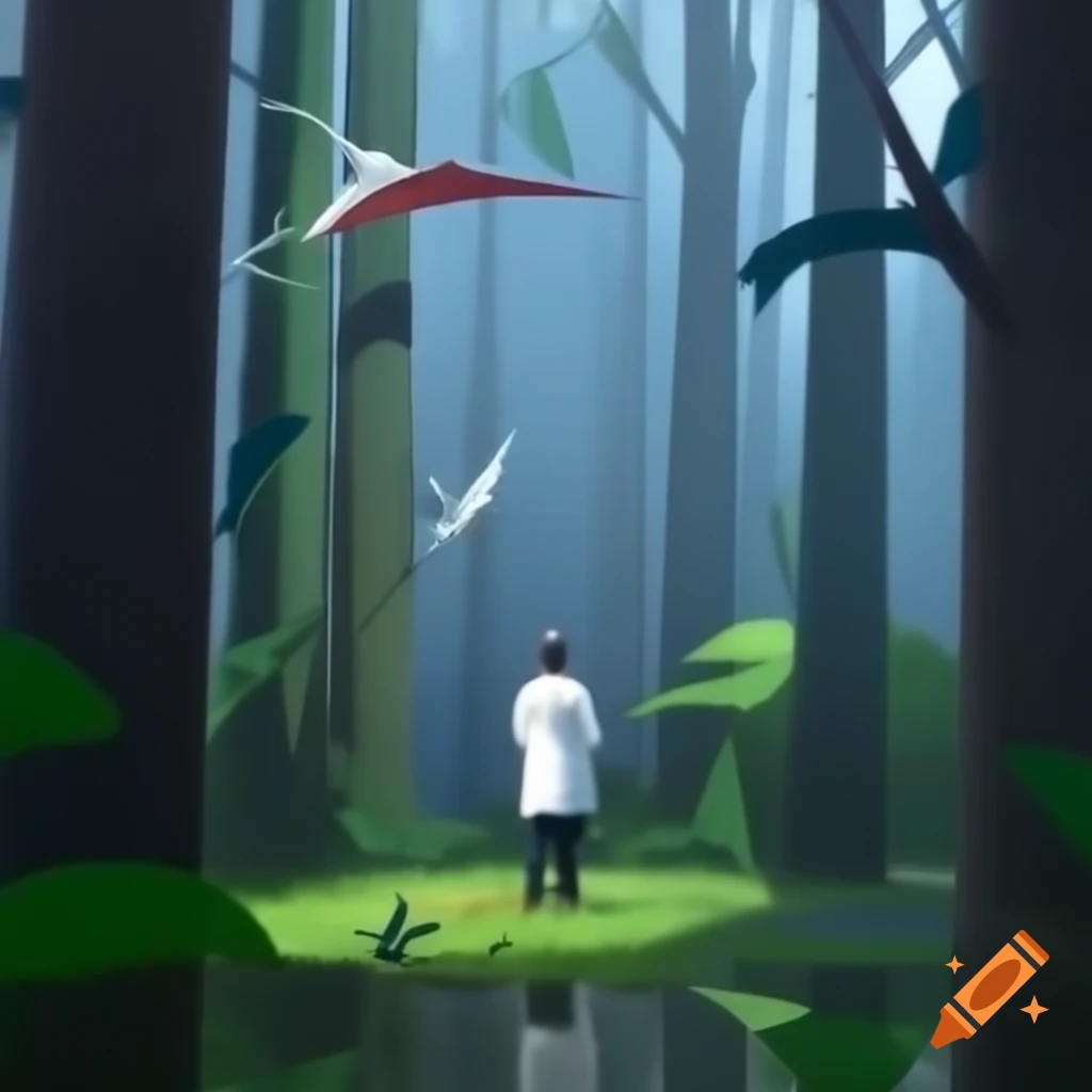 Scientist in white coat amidst cretaceous rainforest with pteranodons ...
