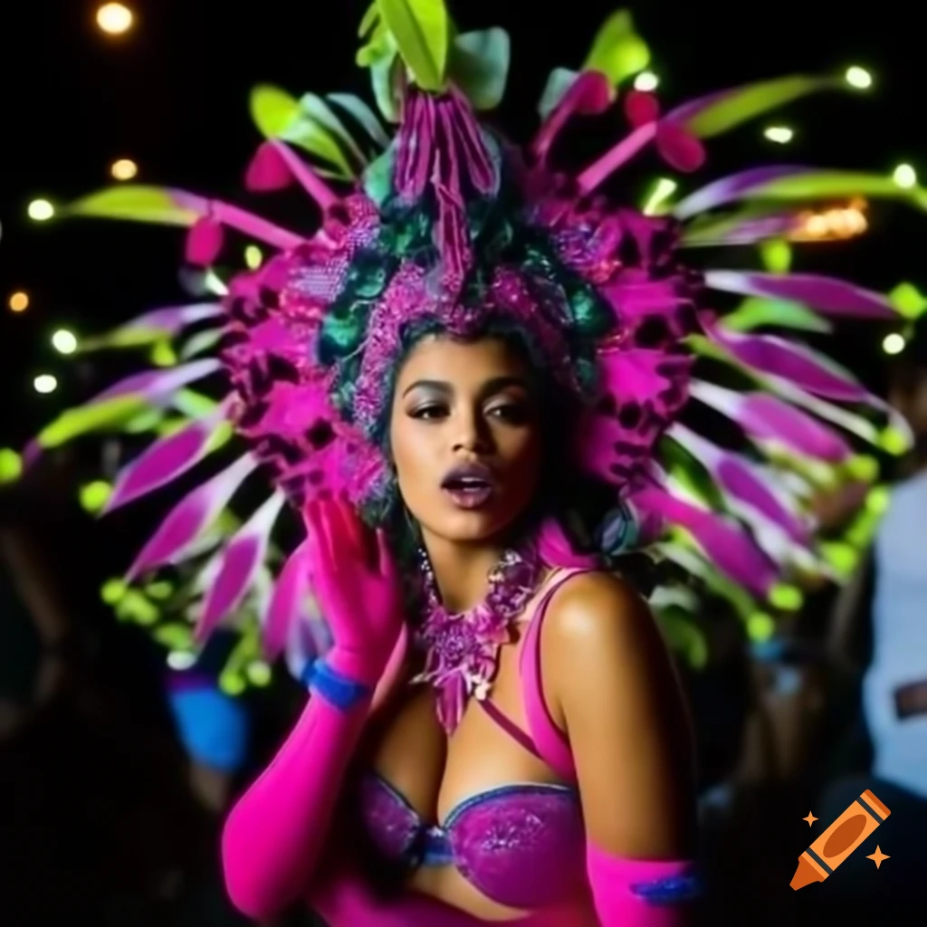 Brazilian woman in luminous pink costume at Carnival, showcasing dance and vibrant lights on Craiyon
