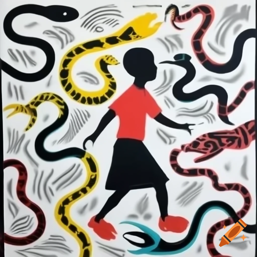 Abstract graffiti art featuring snakes and scorpions in primary colors ...