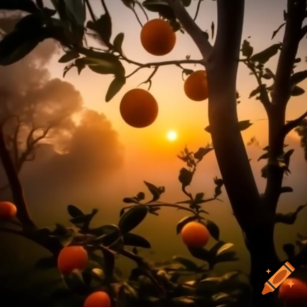 Sunrise illuminating orange orbs on misty trees on Craiyon