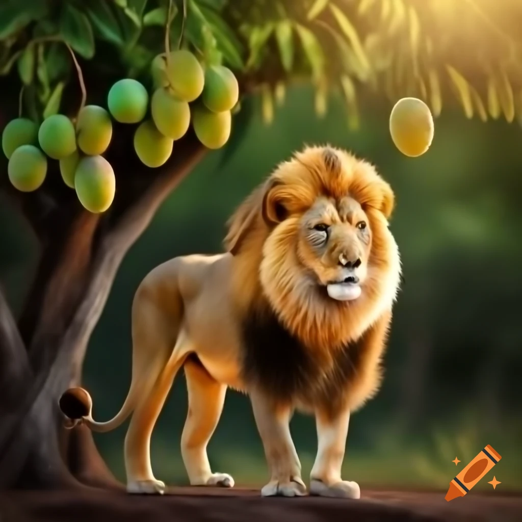 Lion standing next to vibrant mango tree, showcasing majestic golden ...