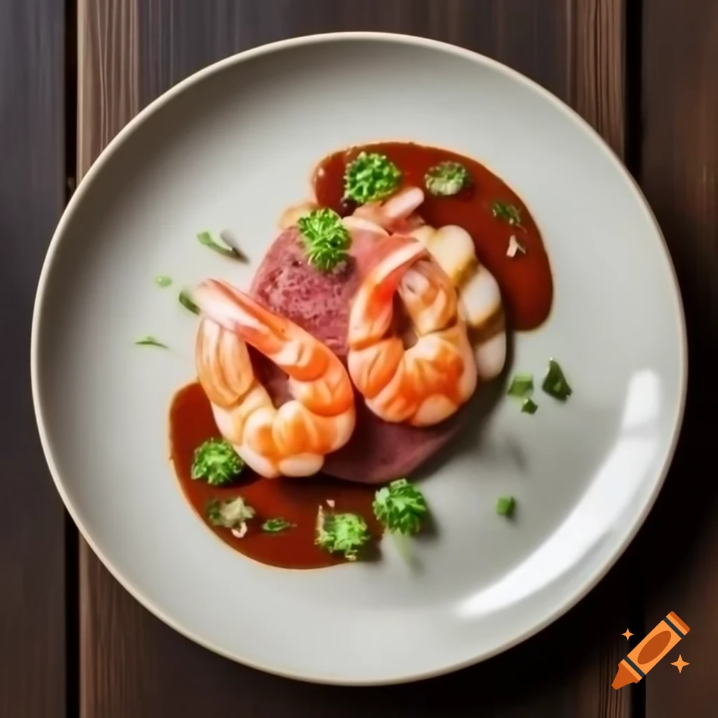 Beef fillet medallion with king prawn and rich brown sauce on plate on ...