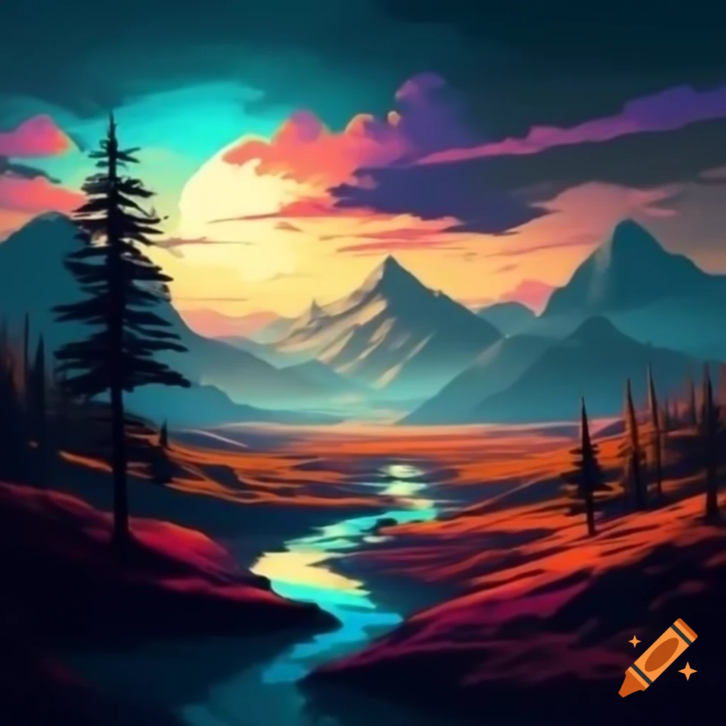 Posterized landscape artwork featuring 10 distinct colors on Craiyon