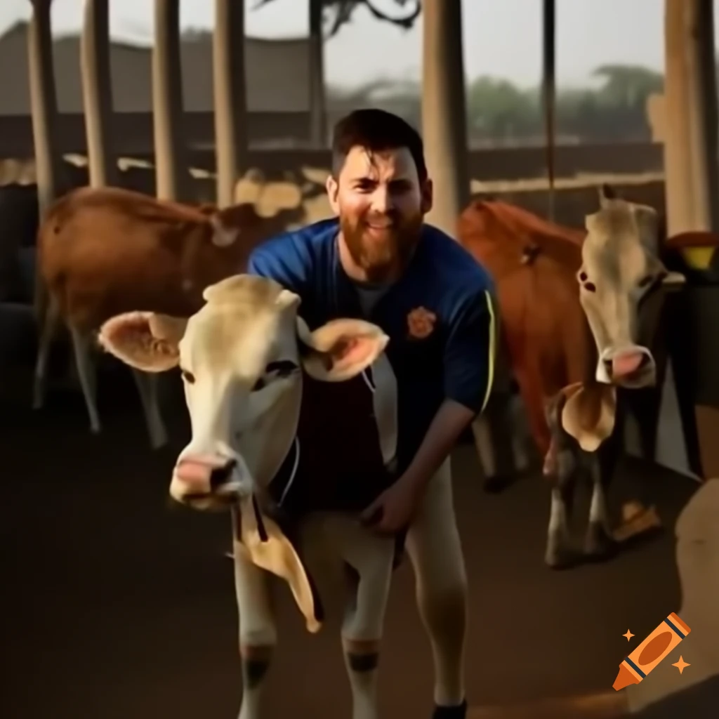 Lionel messi interacting with a brown cow at an indian village dairy ...
