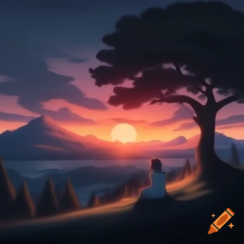 Melancholic sunset scene on mountain with tree and emotional atmosphere ...