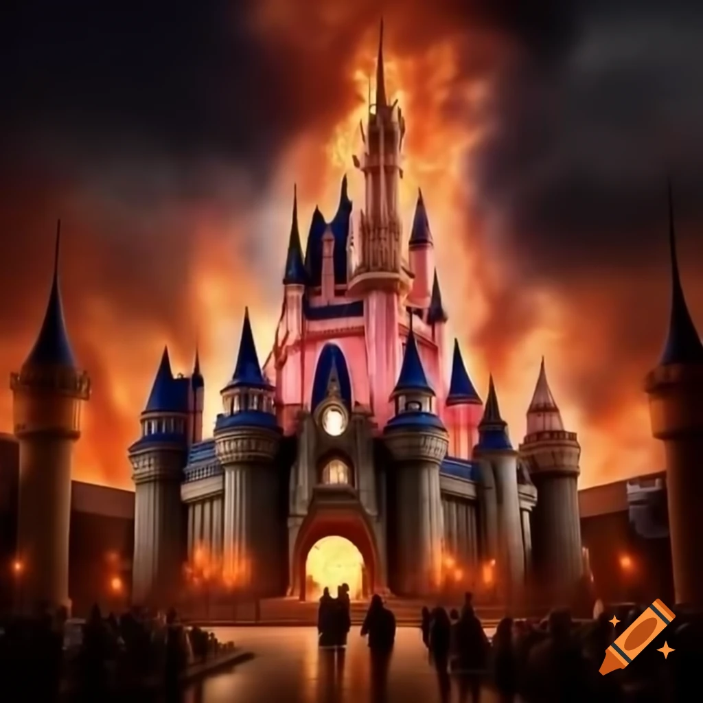 Photo realistic depiction of Disney castle with flames and spectators ...