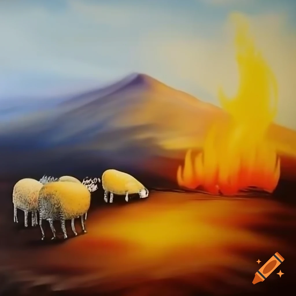 Moses tending sheep near Mount Horeb with a glowing burning bush on Craiyon
