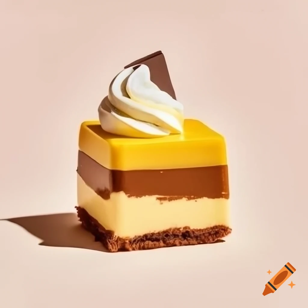 Glossy yellow mousse dessert with chocolate crust and whipped cream on ...