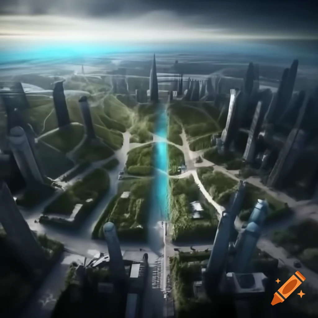 Futuristic aerial view of cities on Earth in the year 2200 on Craiyon