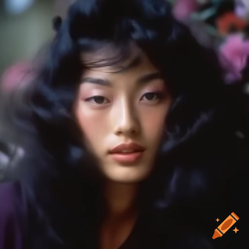 Hyper-realistic color photograph of a beautiful Asian woman from the 1980s with voluminous ...