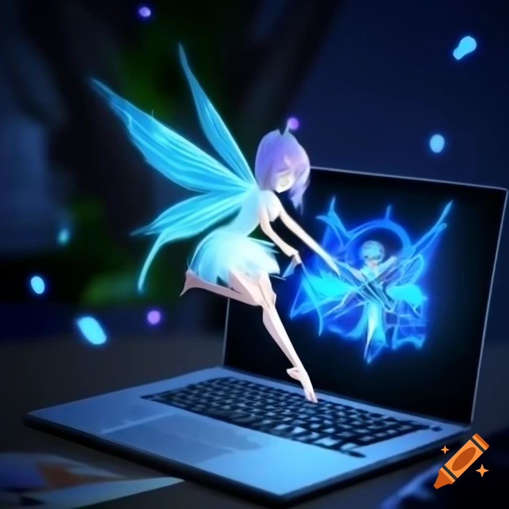Anime fairy flying gracefully over a laptop on Craiyon