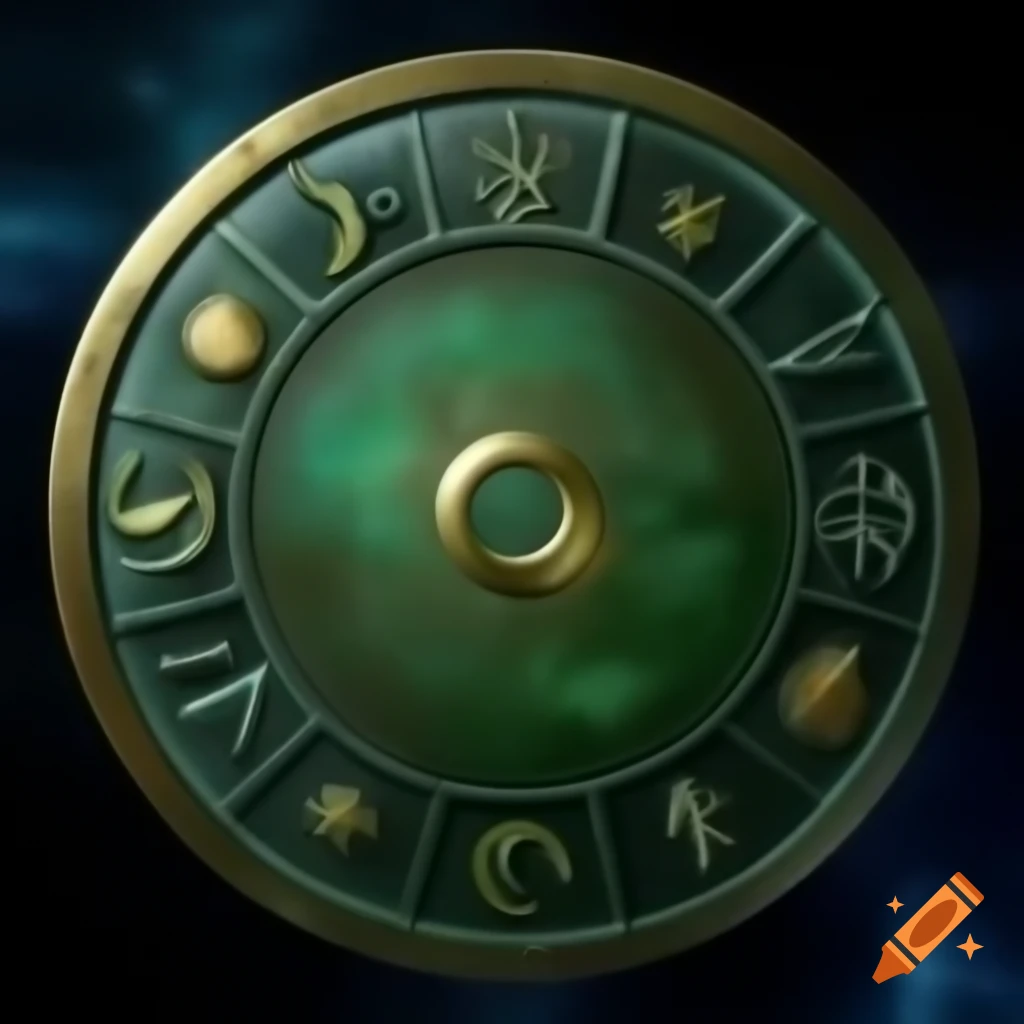 Ancient bronze disk with green patina and golden celestial symbols on ...