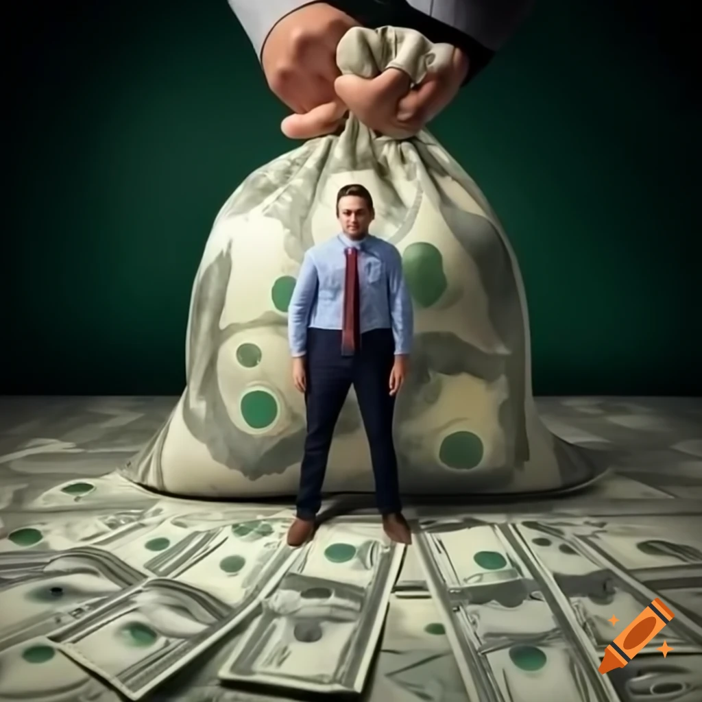 Man standing between tall buildings holding bag of money on Craiyon