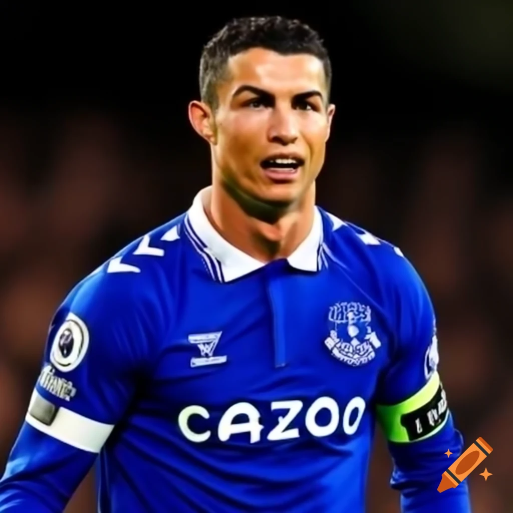 Cristiano Ronaldo performing siuuuu celebration in Everton FC kit on Craiyon