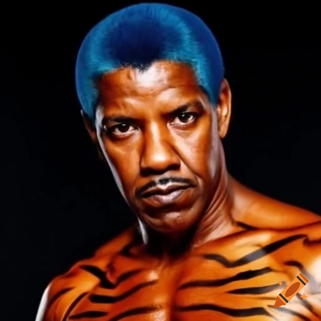 Muscular figure with tiger-style makeup, blue hair, and orange skin ...