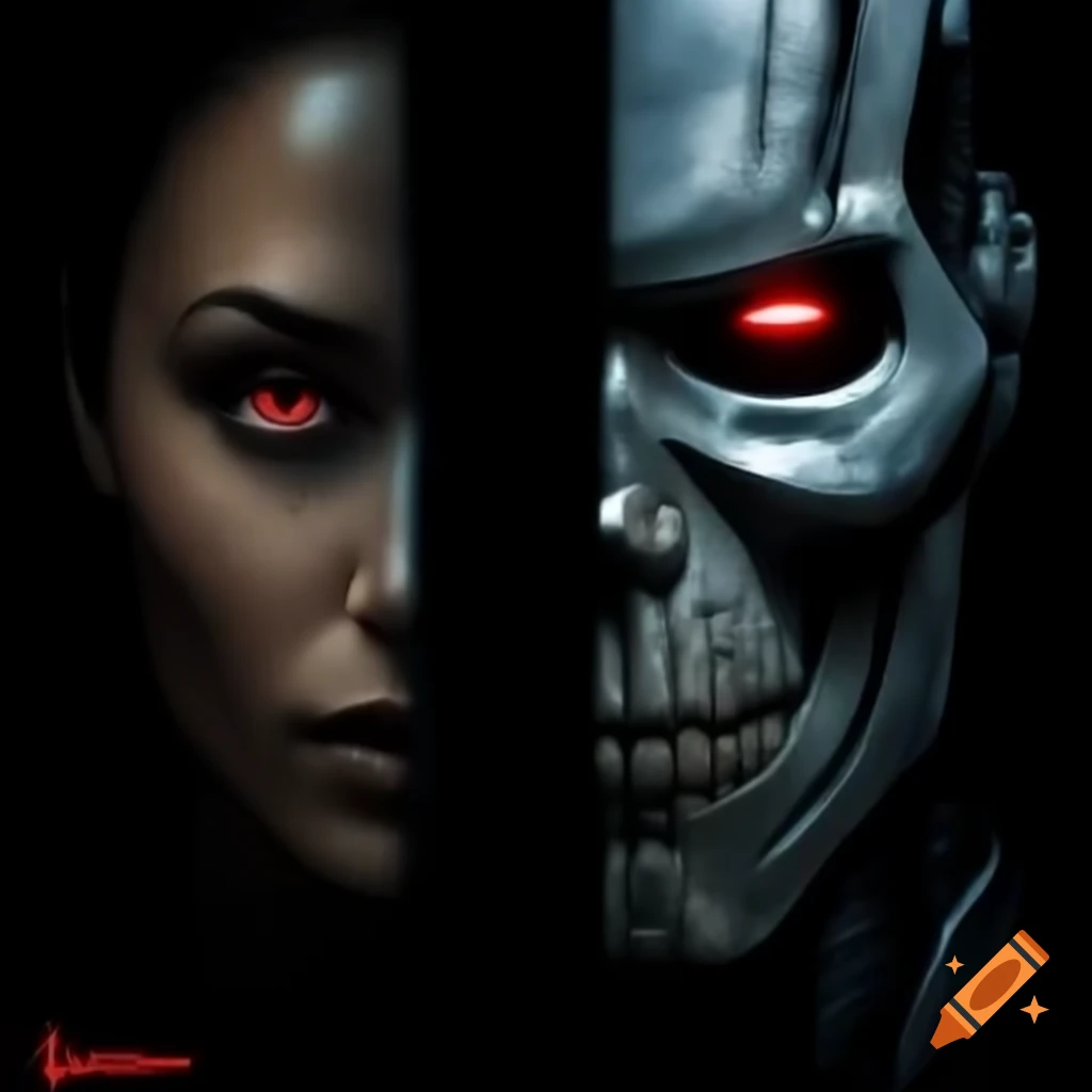Terminator logo featuring a woman half in shadow and robotic red eye on ...