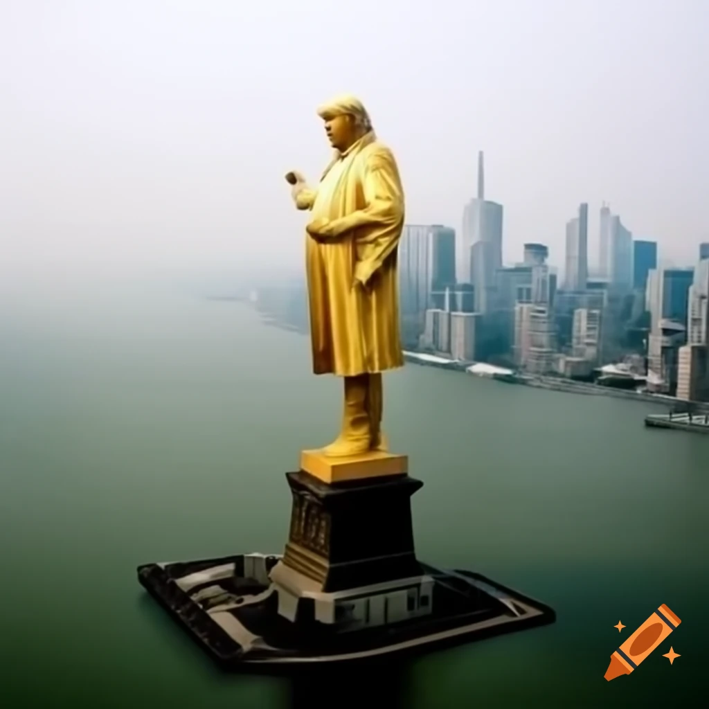Golden statue of Donald Trump above smoggy New York City with polluted ...