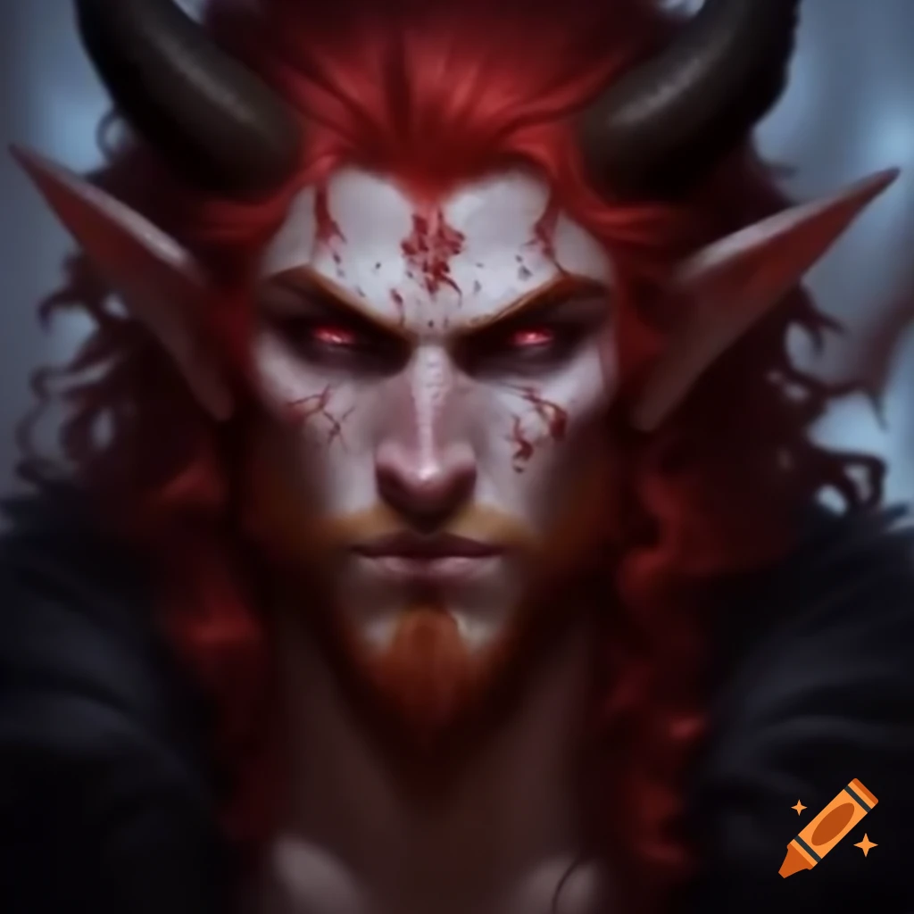 Handsome horned man with dark red curly hair and piercing blue eyes on ...