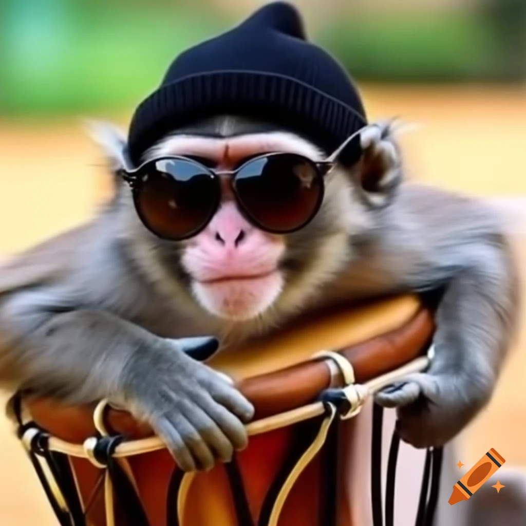 Monkey wearing black beanie and sunglasses playing bongo drums on Craiyon