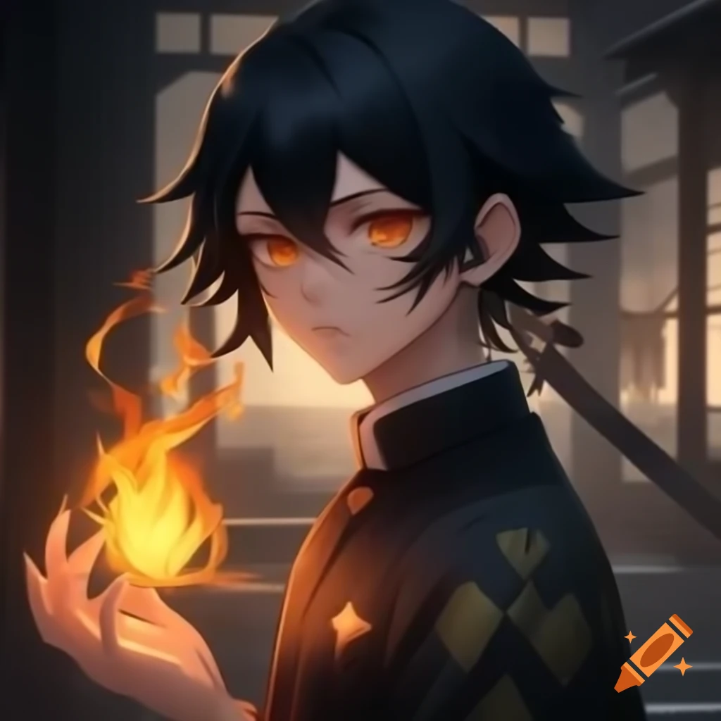 Elegant young man in black and gold haori holding flame, ready for ...