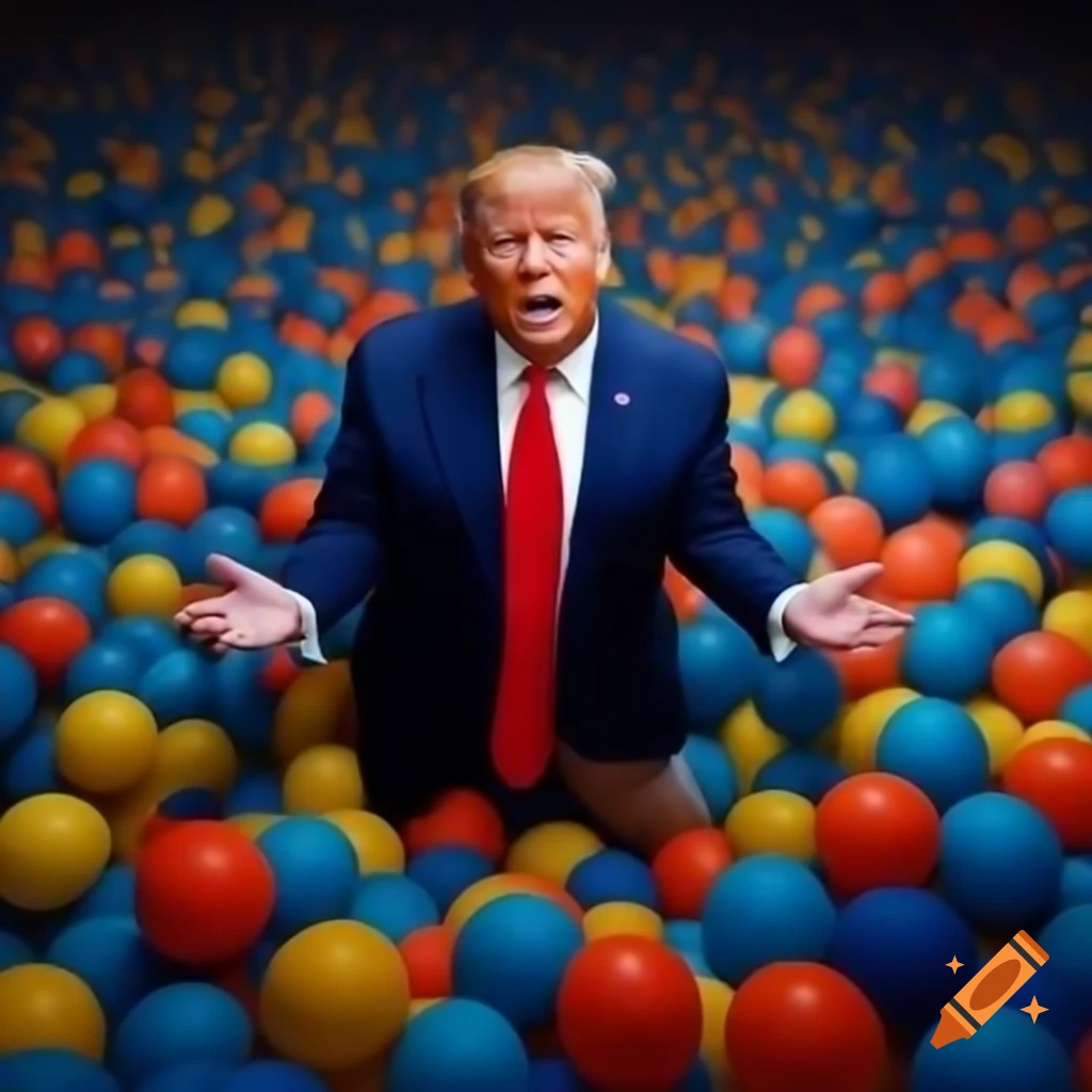 Hyper-realistic portrayal of a man enjoying a ball pit with a joyful ...