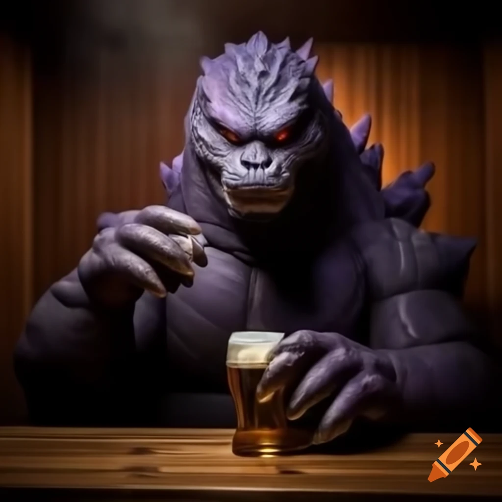 Menacing purple Godzilla enjoying a beer in a dark sauna on Craiyon