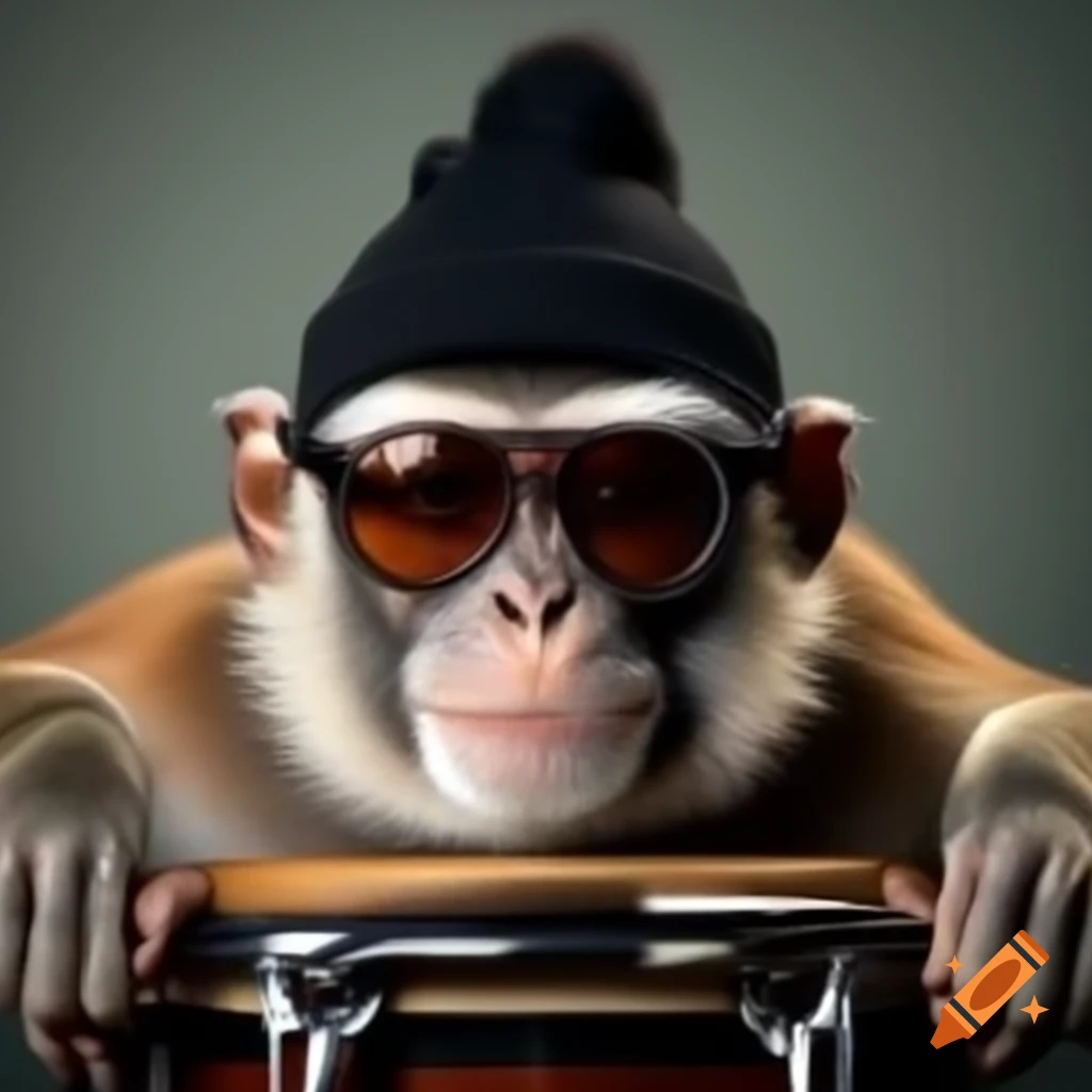 Monkey wearing black beanie and sunglasses playing bongo drums on Craiyon