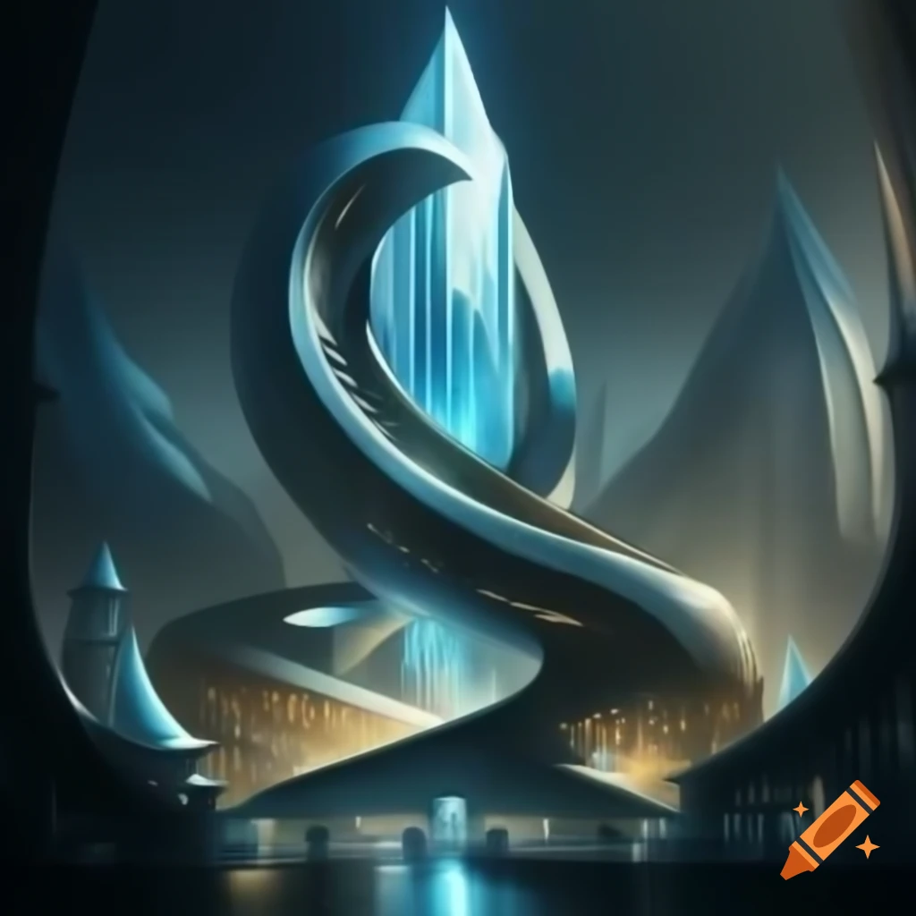 Enchanted city with flowing architecture and glowing crystalline towers ...