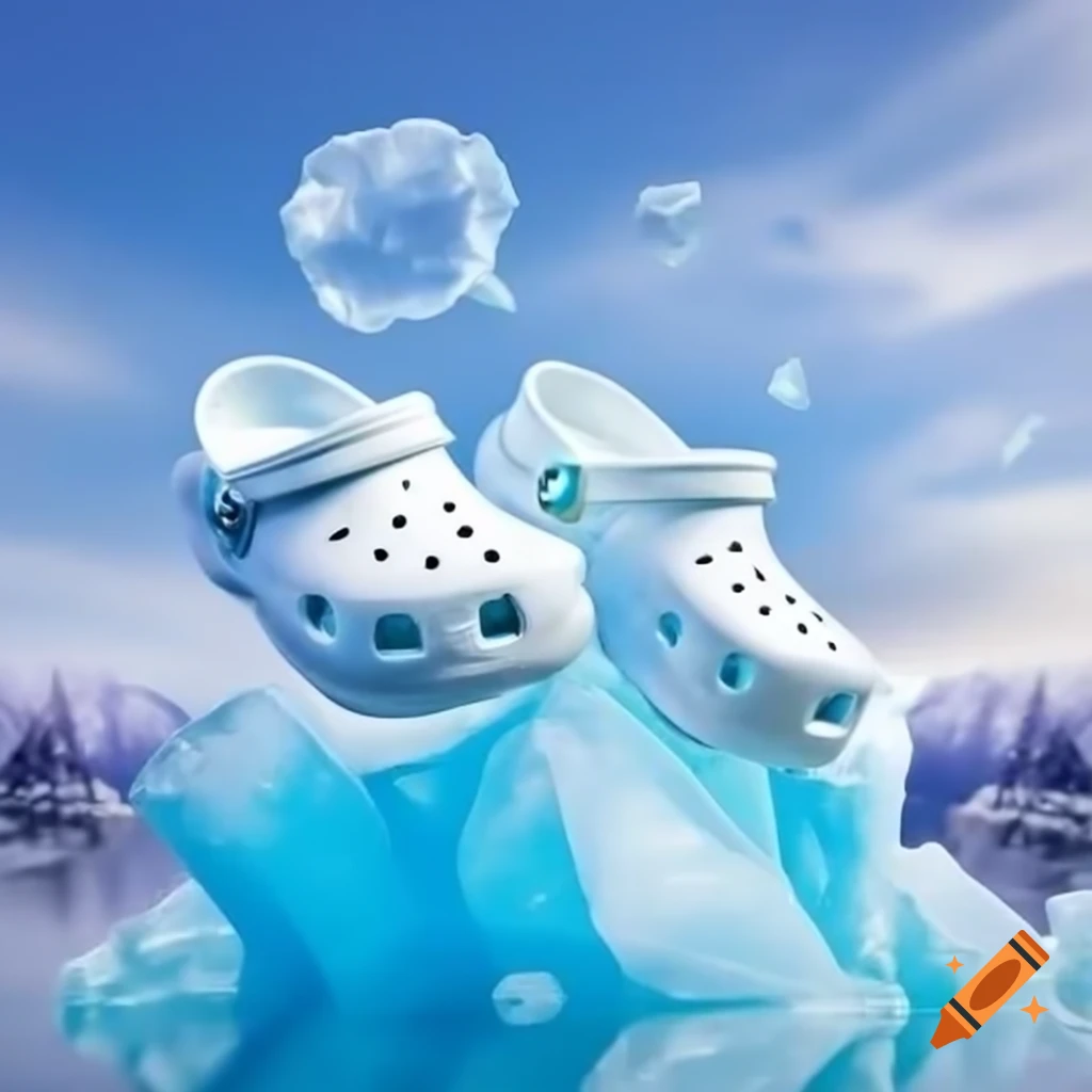 Vibrant white Crocs frozen in ice under winter sky on Craiyon