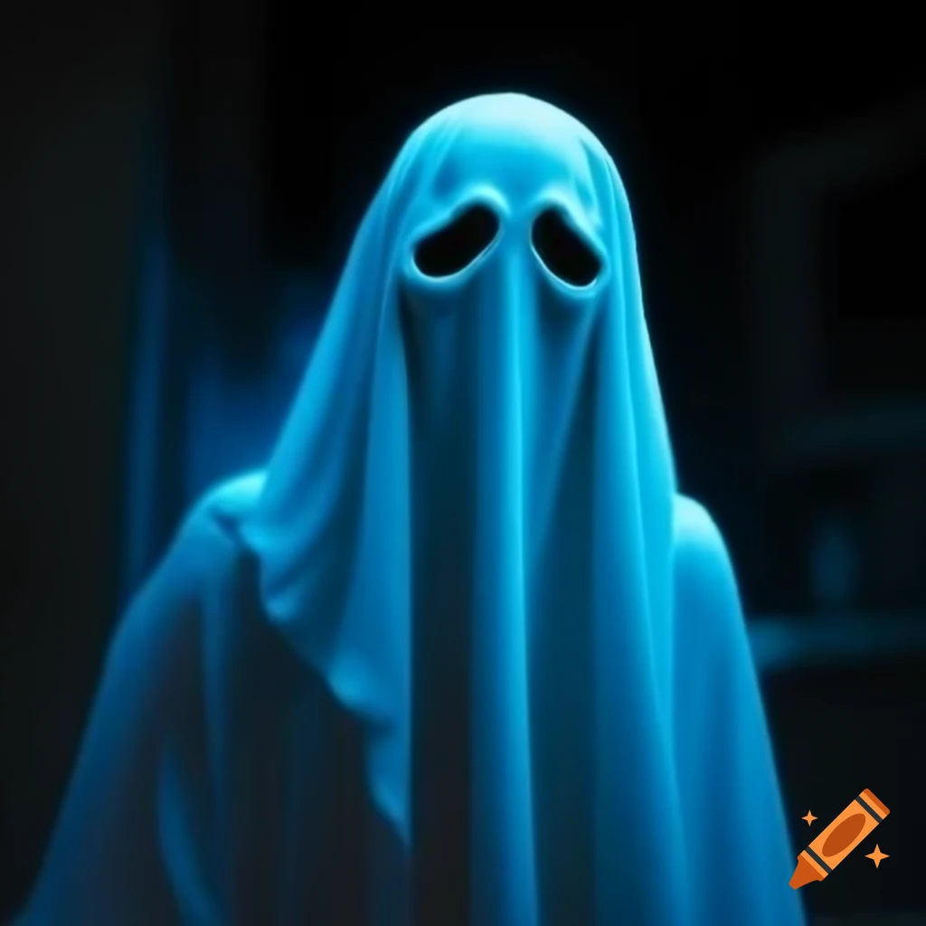 Realistic glowing neon blue ghost with an evil expression on Craiyon