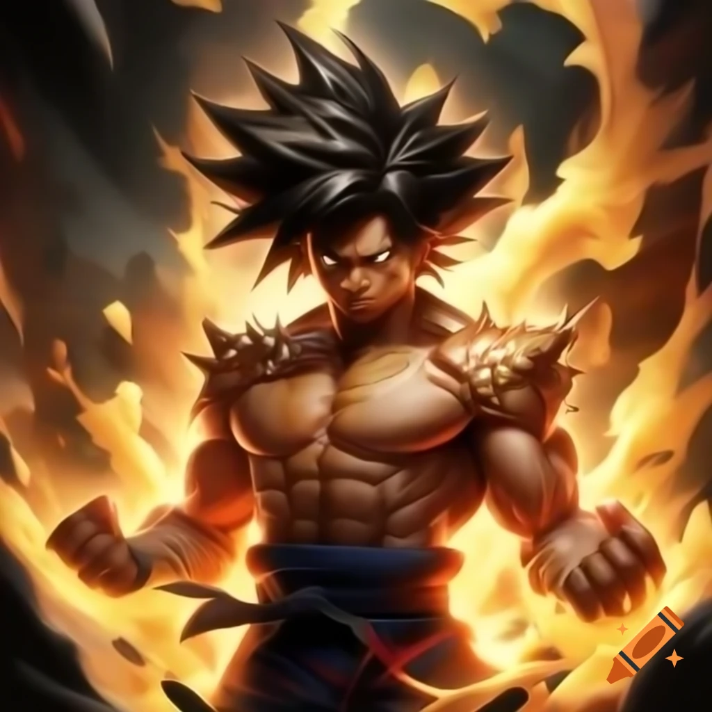 Martial artist with spiky hair powering up in golden energy, anime ...