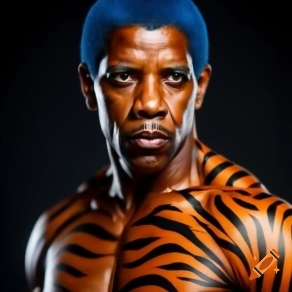 Muscular man with tiger-style makeup, blue hair and orange skin on Craiyon