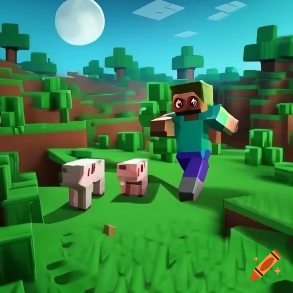 Minecraft's Steve playing soccer with pig, sheep, wolf, and cow on the ...