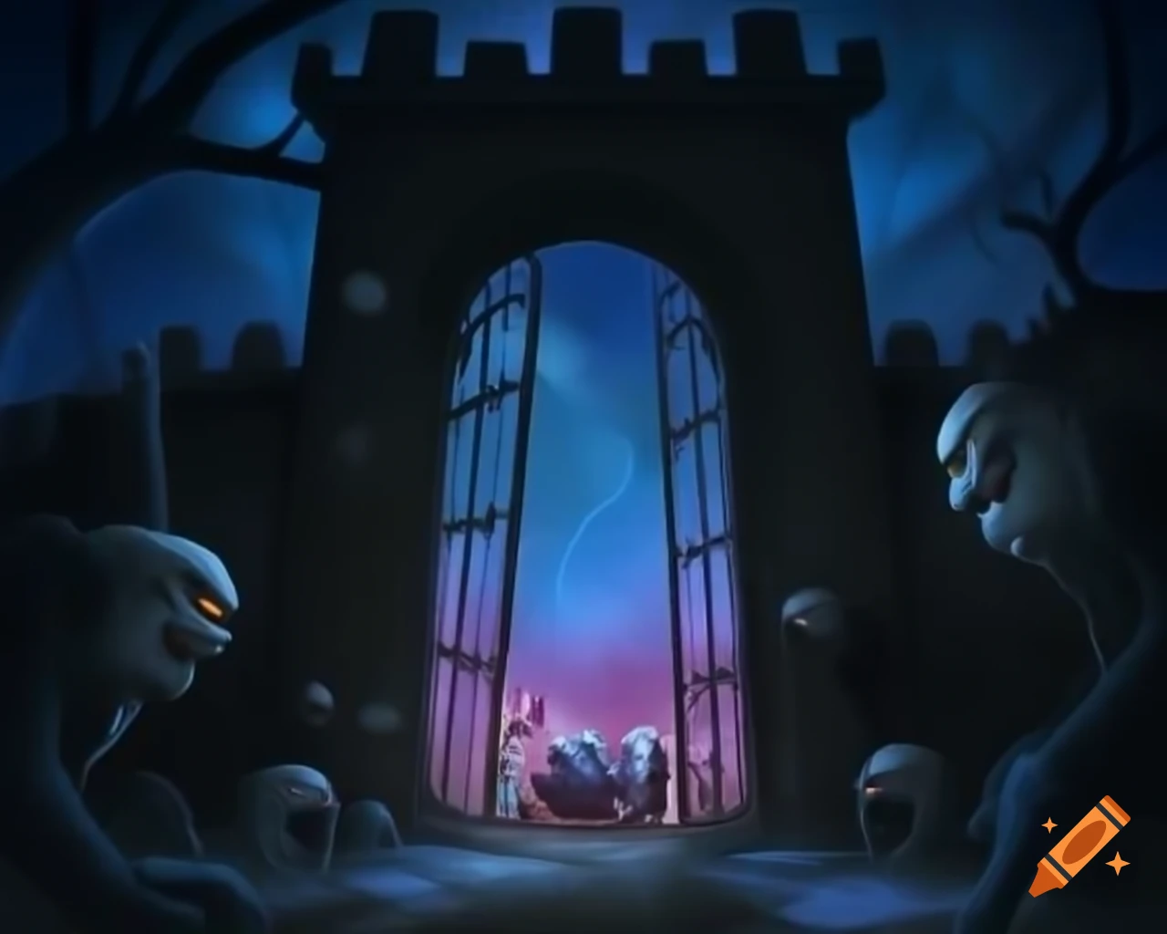 Large gate with vampire-like creatures behind it at night on Craiyon