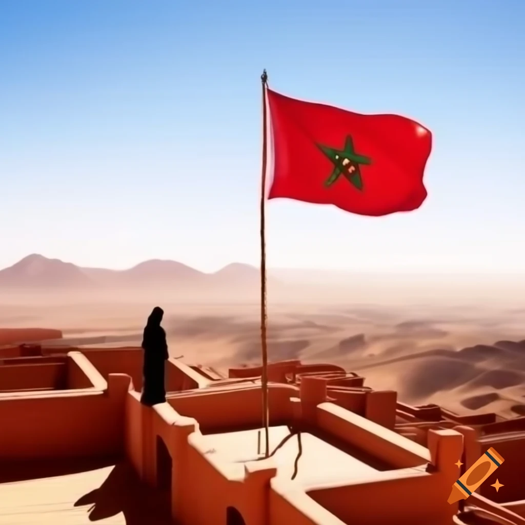 Moroccan flag flying with silhouette on hilltop at sunset on Craiyon