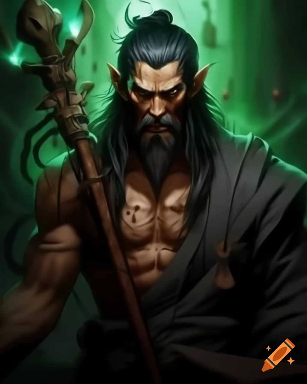 Muscular middle-aged male monk in dark robes with arcane designs on Craiyon