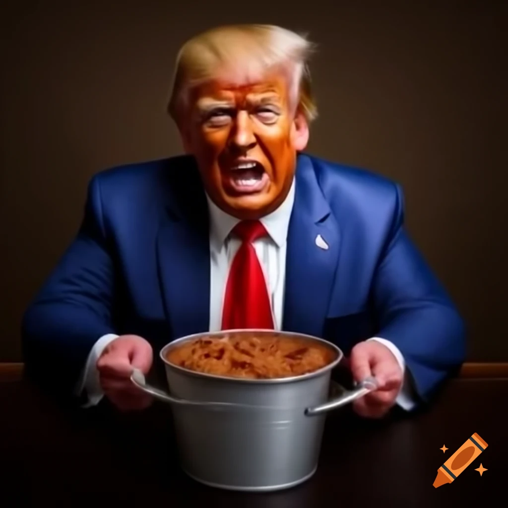 Donald trump with maga hat as food delivery guy holding bucket of brown ...