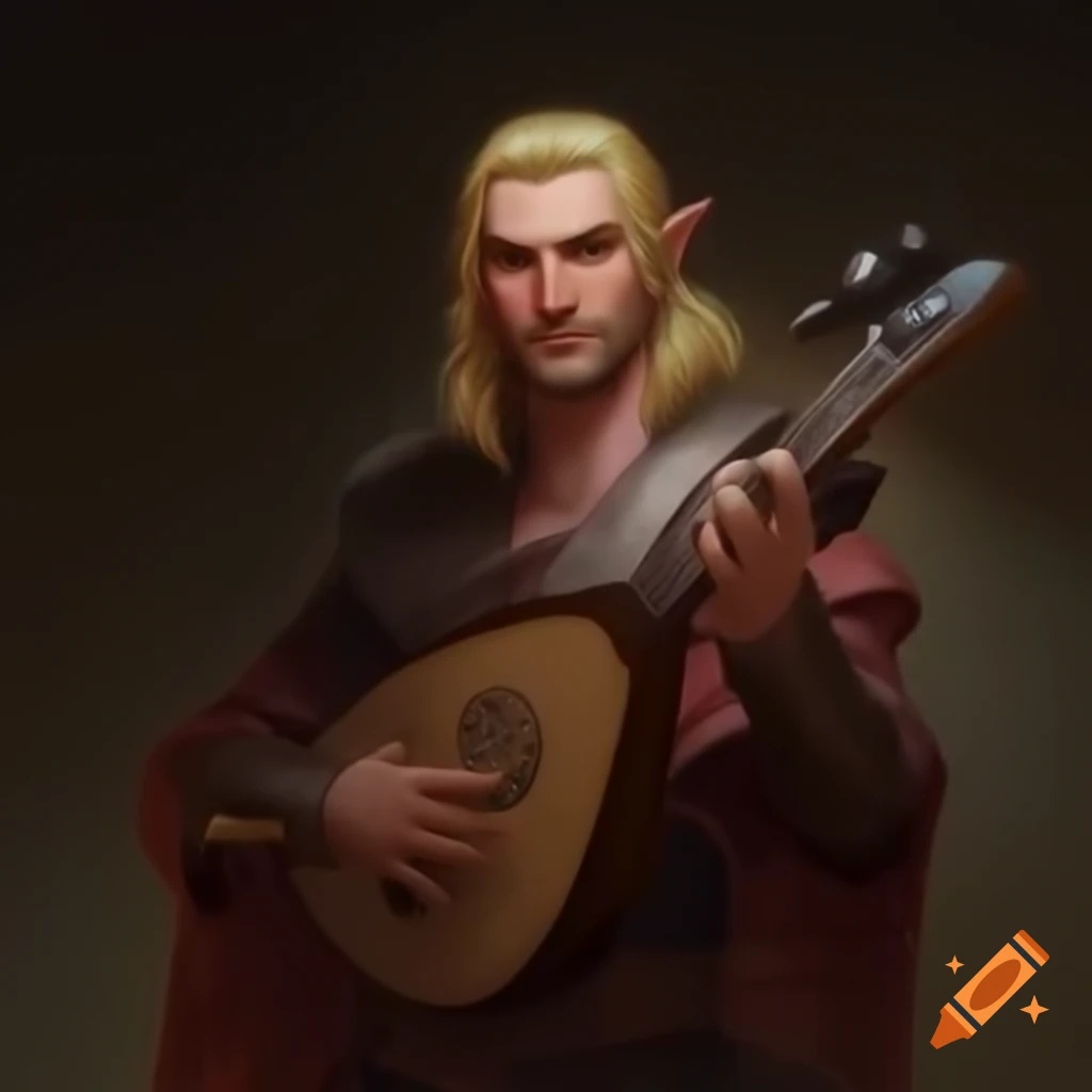 Male bard with blonde hair playing a lute on Craiyon